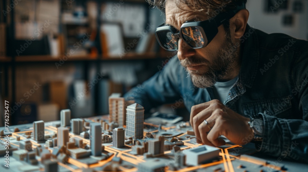 Architect using augmented reality for city planning, bright daylight ...