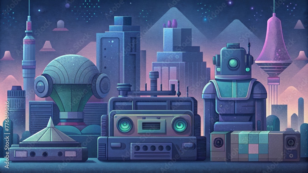 A cyberpunk bazaar selling vintage items like typewriters and cassette ...