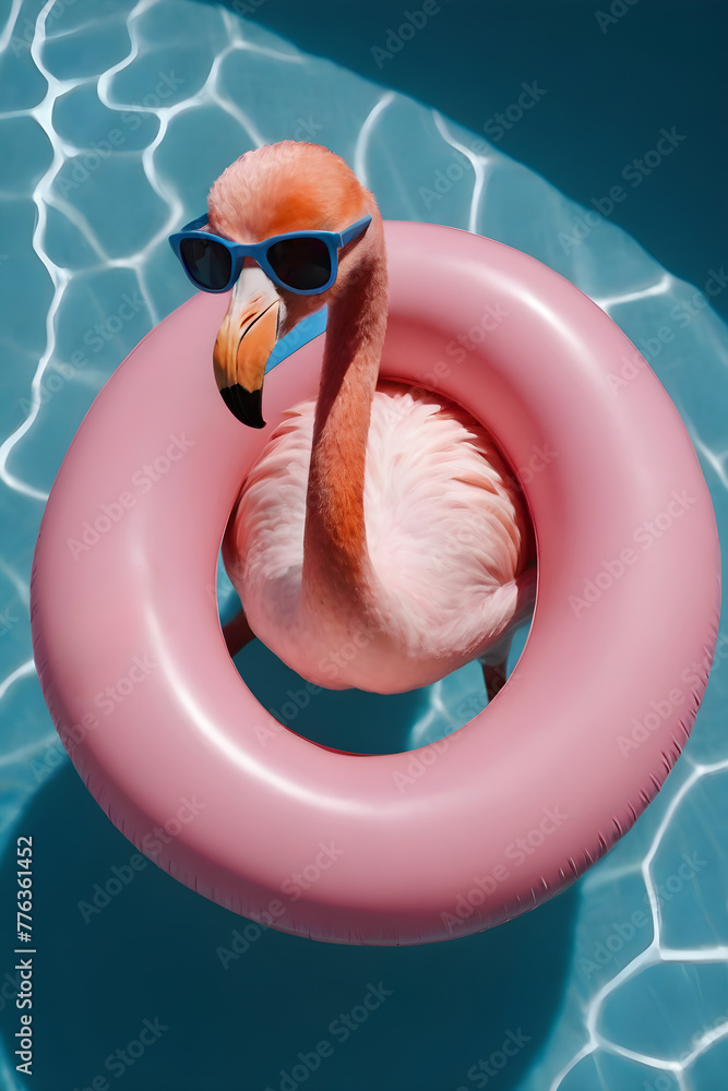 pink flamingo bird in inflatable pink flamingo ring in the pool Stock ...