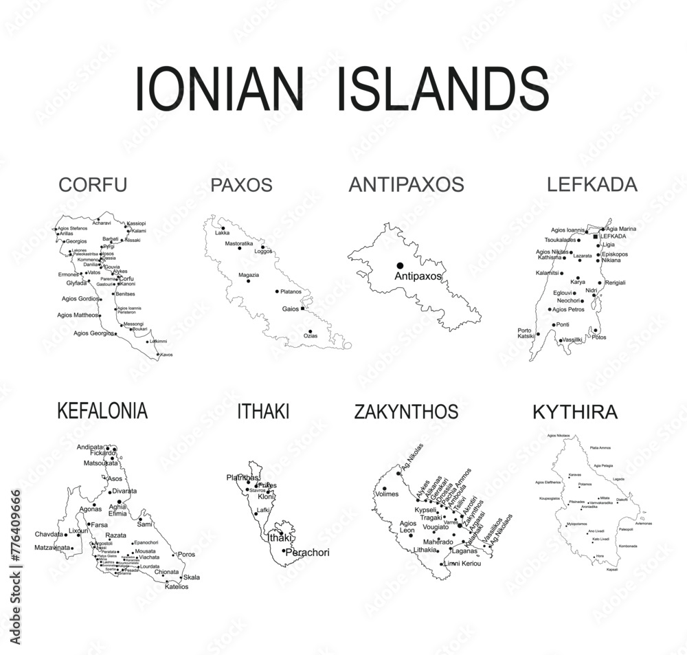 Ionian islands set vector silhouette illustration isolated. Corfu map ...