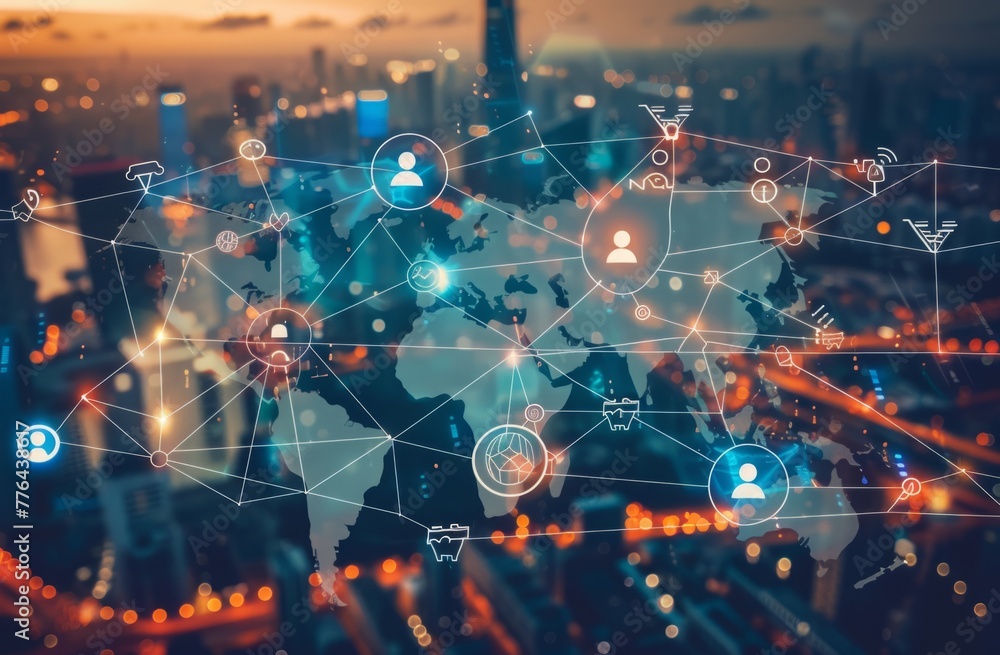 Digital map of global network and social media connections with icons ...