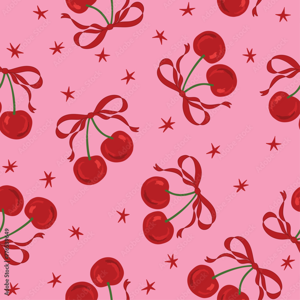 cherry, ribbons, bow, coquette, girly seamless pattern background ...