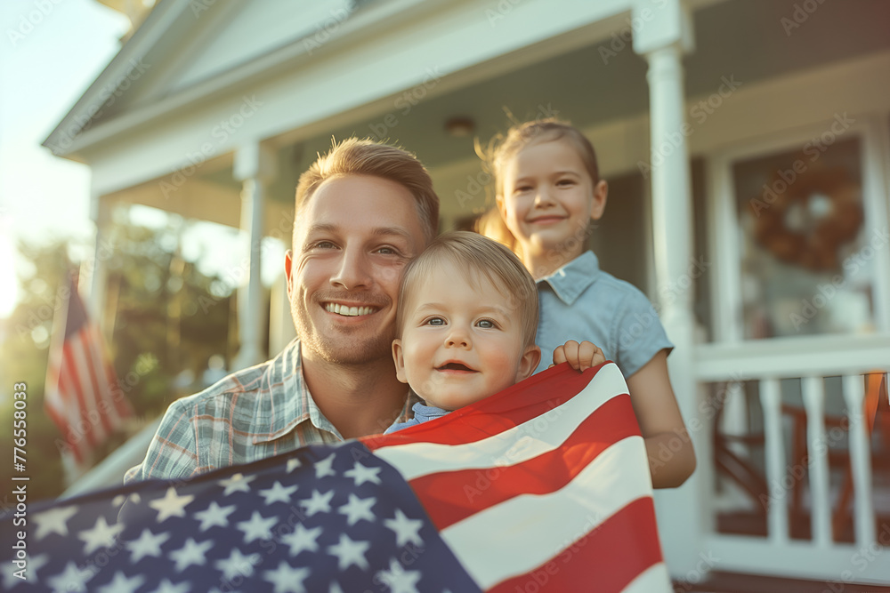 Happy loving family with smiling baby holding American USA Flag draped ...