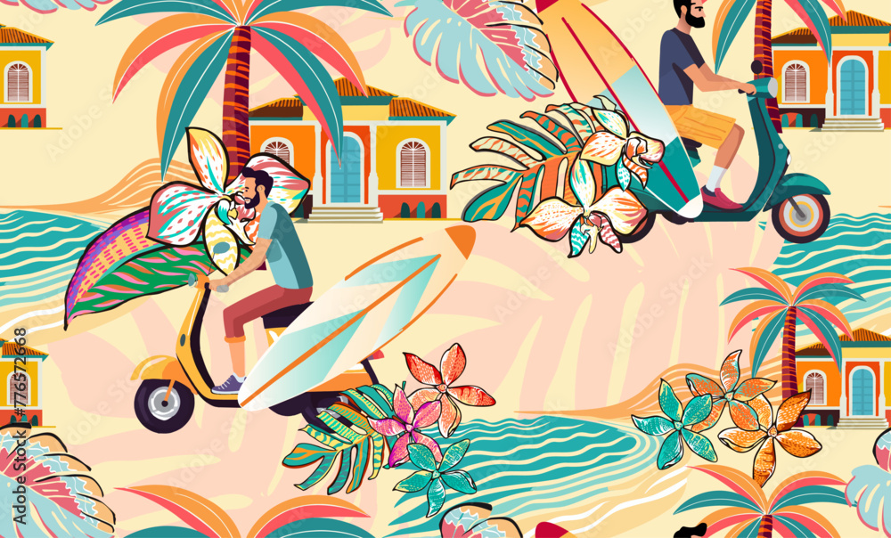 pattern of a tropical surf artwork, with multicolored hand drawn ...