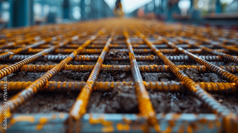 Steel mesh reinforcement laying in progress, capturing the precision of ...