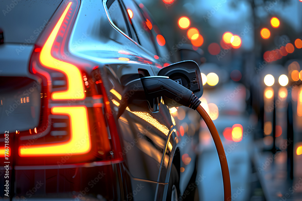 EV car charging at a charging station. A close-up of the EV charger ...