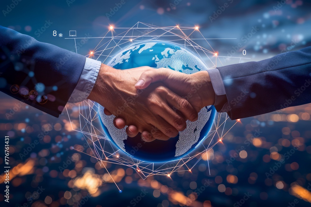 Global Business Handshake with Digital Network Connections and Earth ...