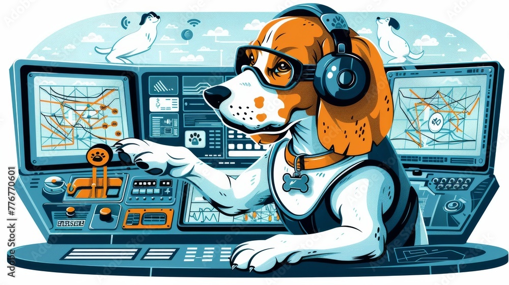 Cartoon Illustration of a Dog Pilot in a Flight Control Room Filled ...