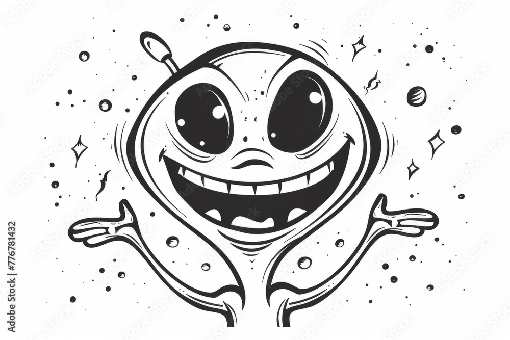 Cartoon cute doodles of an excited alien's face with antenna and a wide ...