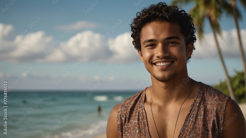 young pacific islander man on bright summer beach vacation background ...