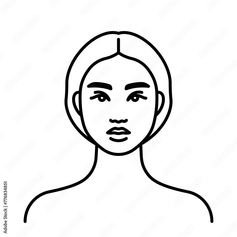 Woman face front, line icon. Asian ethnicity. Female head, neck ...