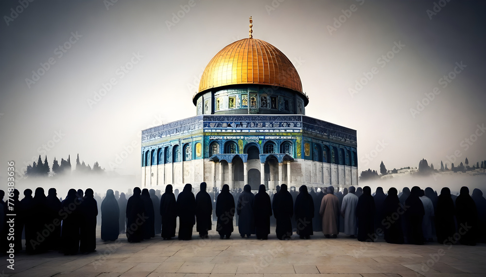 Eid Celebration in Palestine Masjid Aqsa, A large crowd of people of ...