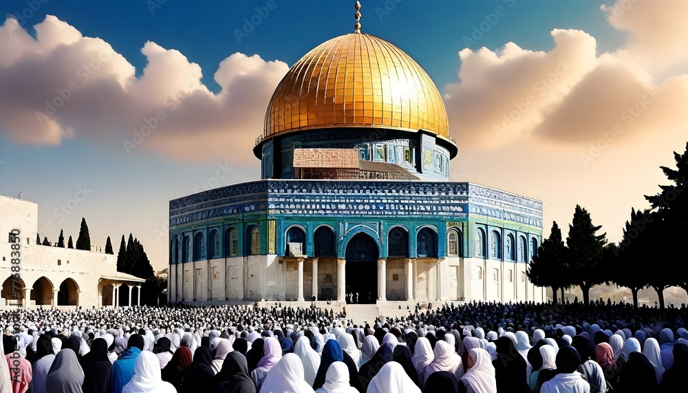 Eid Celebration in Palestine Masjid Aqsa, A large crowd of people of ...