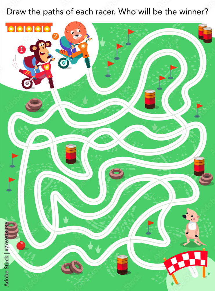 Maze game, activity for kids. Draw path, name winner. Cute monkey and ...