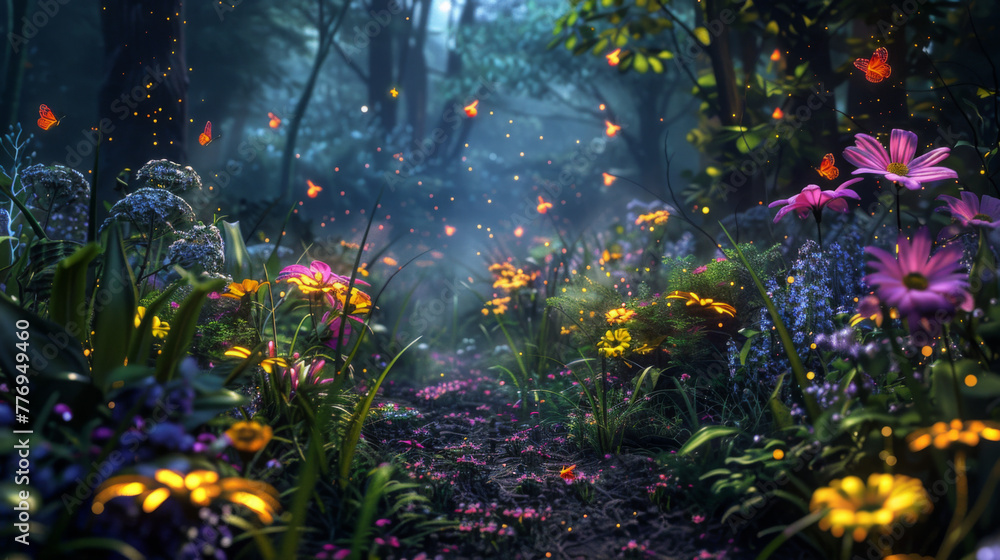 A mystical forest path illuminated by fireflies, leading to an ...