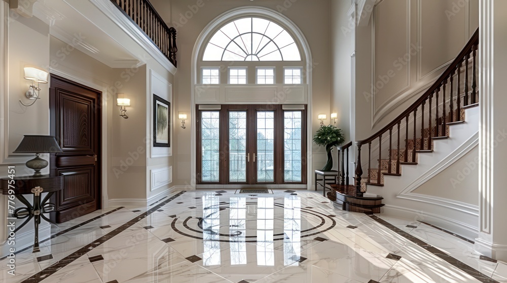 An Expansive Entry Foyer Boasting Elegant Marble Flooring, Arched ...