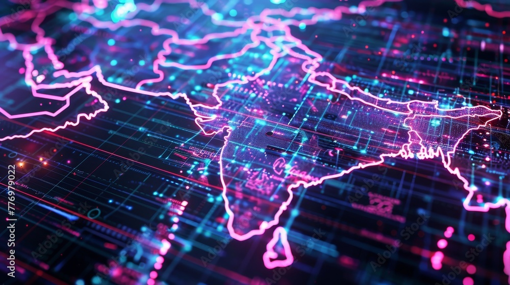 Vibrant digital map of india with neon country outlines on a circuit ...
