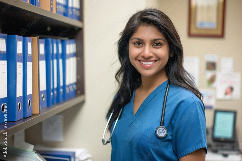 Attractive young Indian nurse wearing blue scrubs, smiling and standing ...
