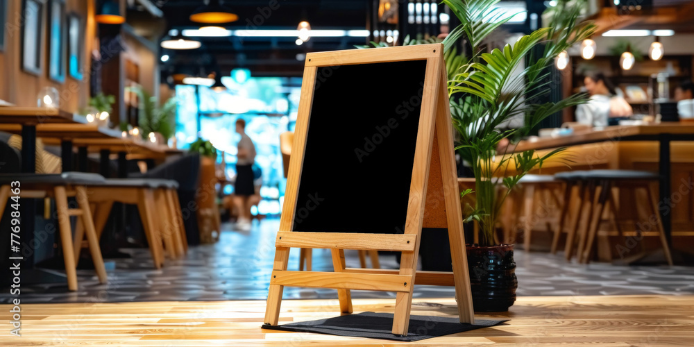 empty black billboard on the street in front of the restaurant, Mock up ...