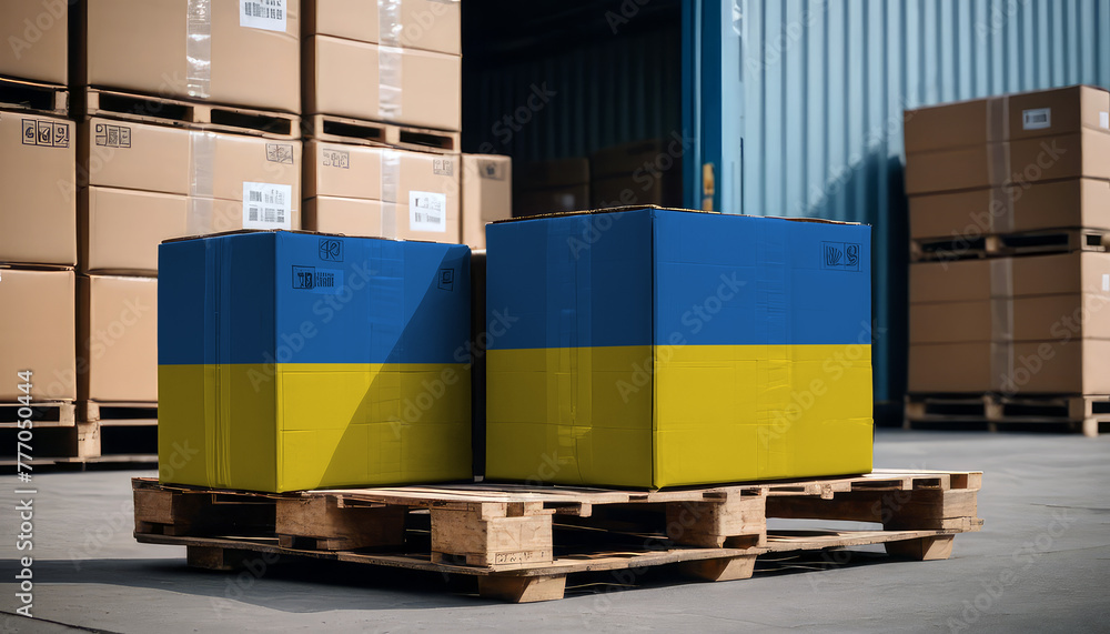 Stacked cardboard boxes and a Ukraine flag on a pallet, representing ...