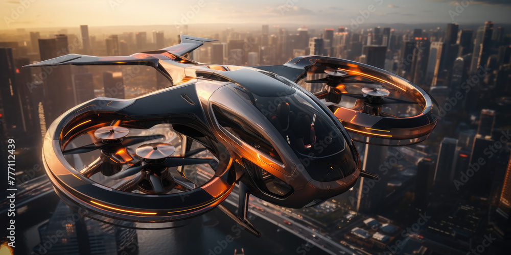 Modern future flying taxi. Unmanned aerial vehicle. Aero taxi over ...