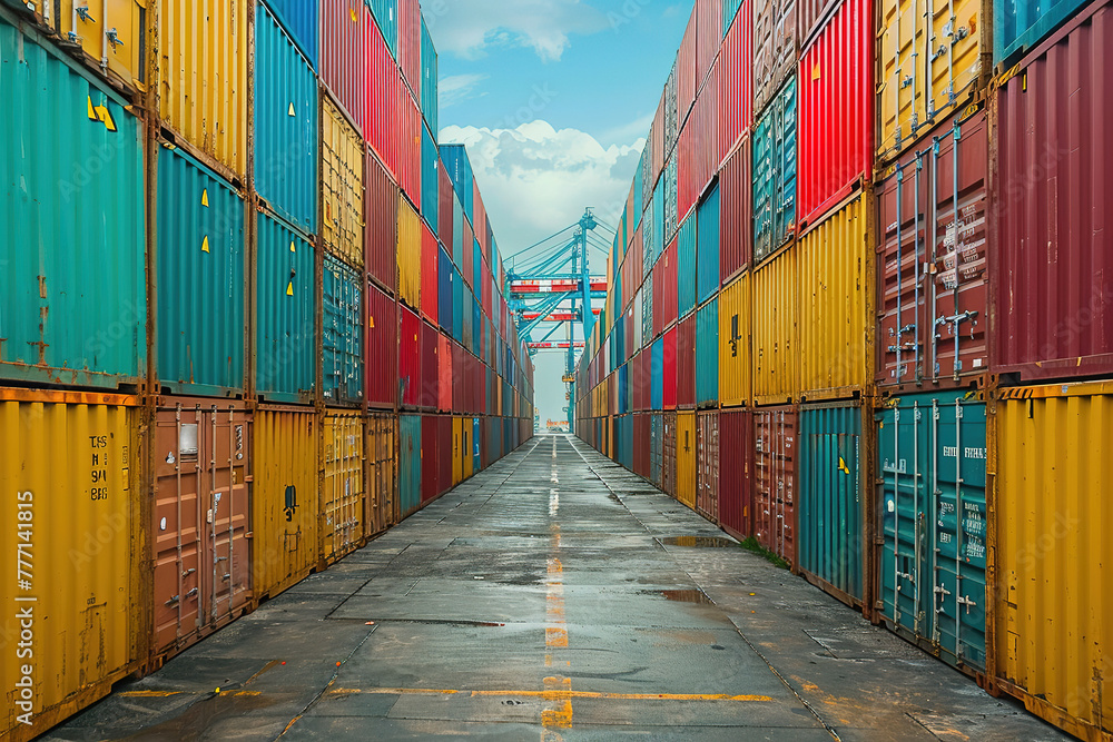 Stacked cargo containers in the storage area of freight sea port ...