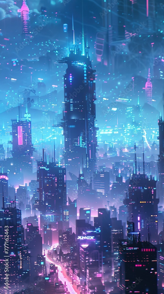 A futuristic city skyline at dusk, illuminated by smart streetlights ...
