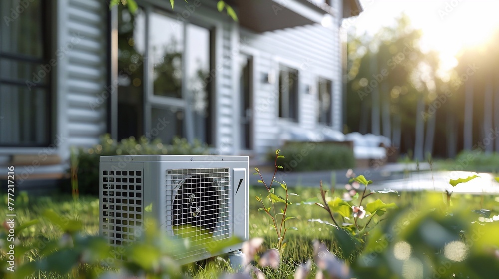 AC concept image with an air conditioning unit next to a house model to ...