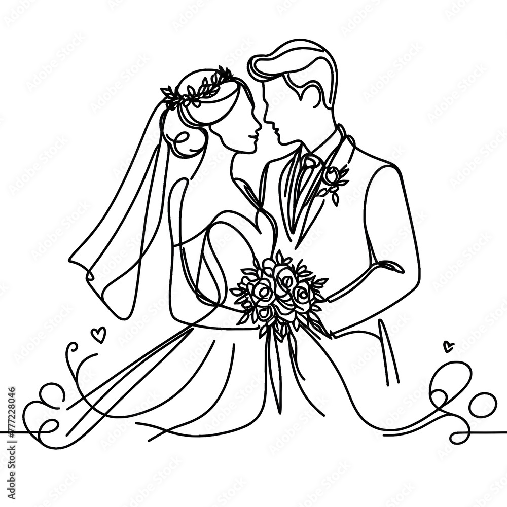 One line drawing illustration of lovely wedding ceremony, young married ...
