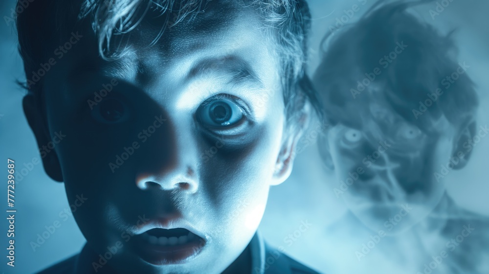 Portrait of a little frightened boy in smoke with a ghost behind him in ...