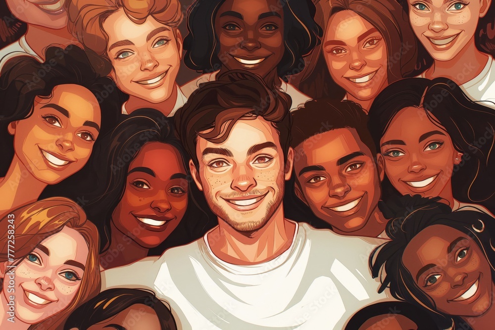 Illustration of young people of different nationalities with smiles on ...