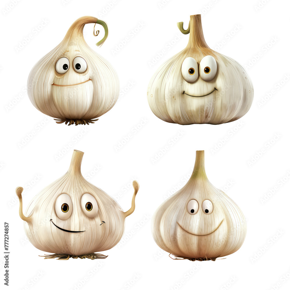 Set of cartoon garlic with different facial expressions and emotions ...