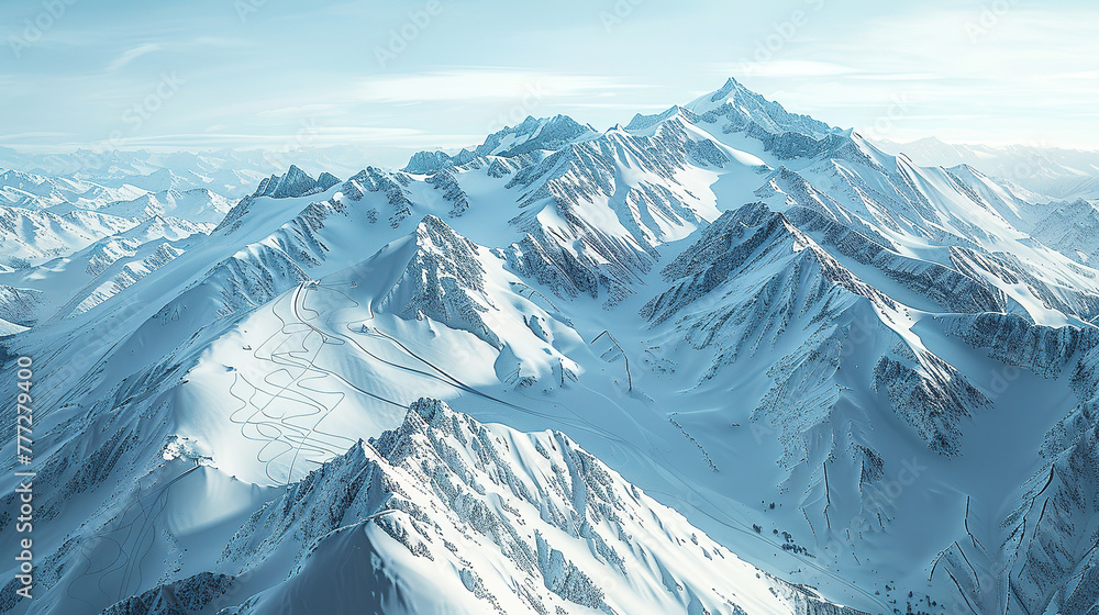 Bird's eye perspective of a snowy mountain range, with ski tracks, wide ...