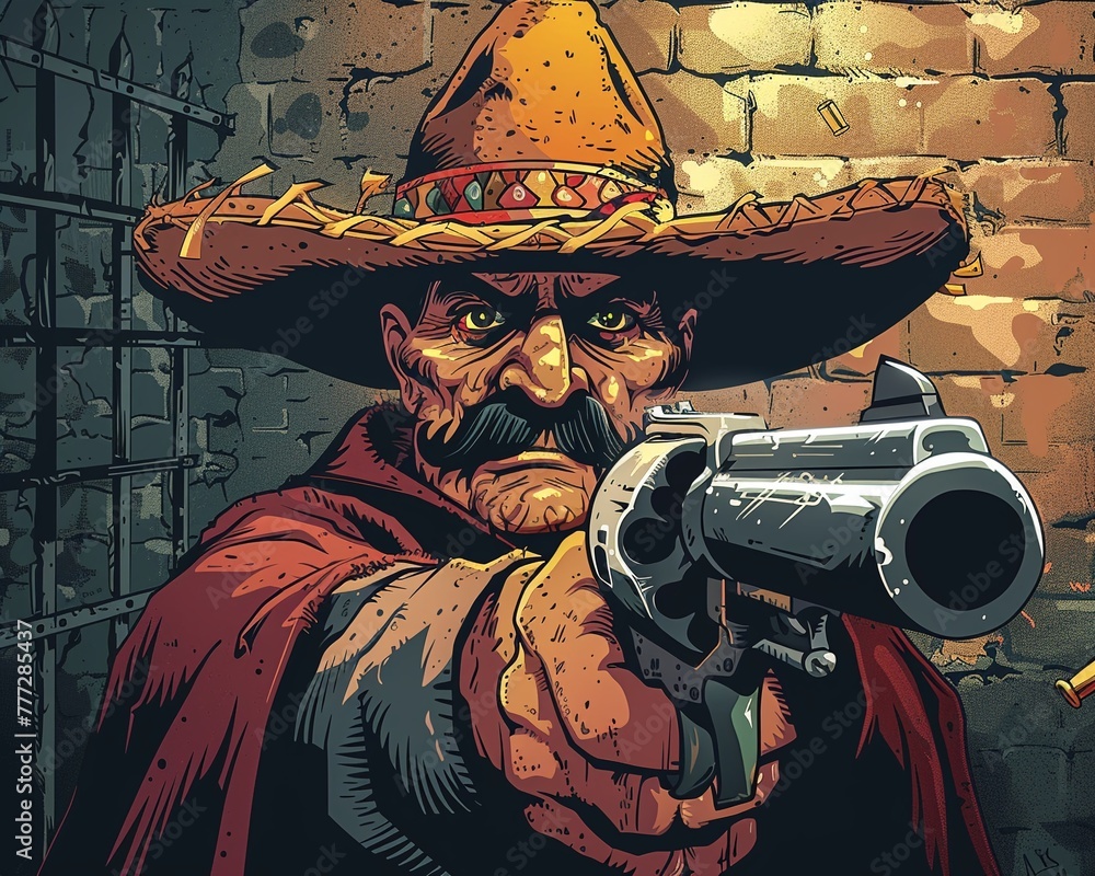 Cartoon Mexican bandit, funny pose with pistol, old jail backdrop ...