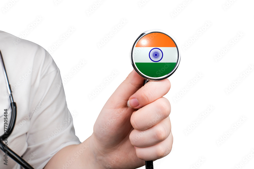 The head of a medical stethoscope in the form of an Indian flag in a ...