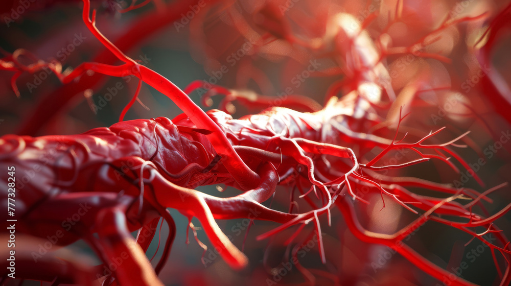 Detailed illustration of the human blood vessels, highlighting arterial ...