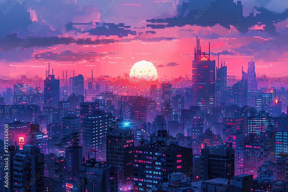 A pixel art cityscape inspired by 80s arcade games, neon lights, blocky ...