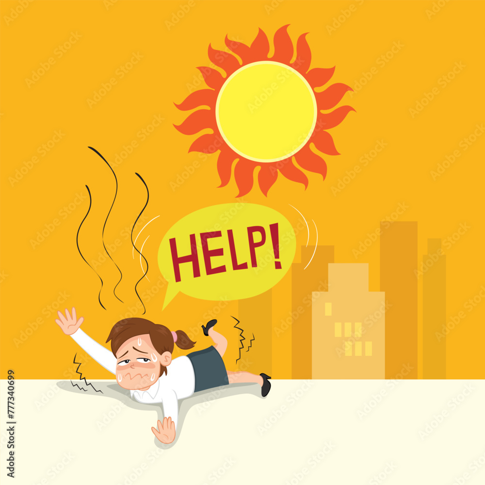Hand drawn a employee woman who falls over in heat stroke on a hot day ...