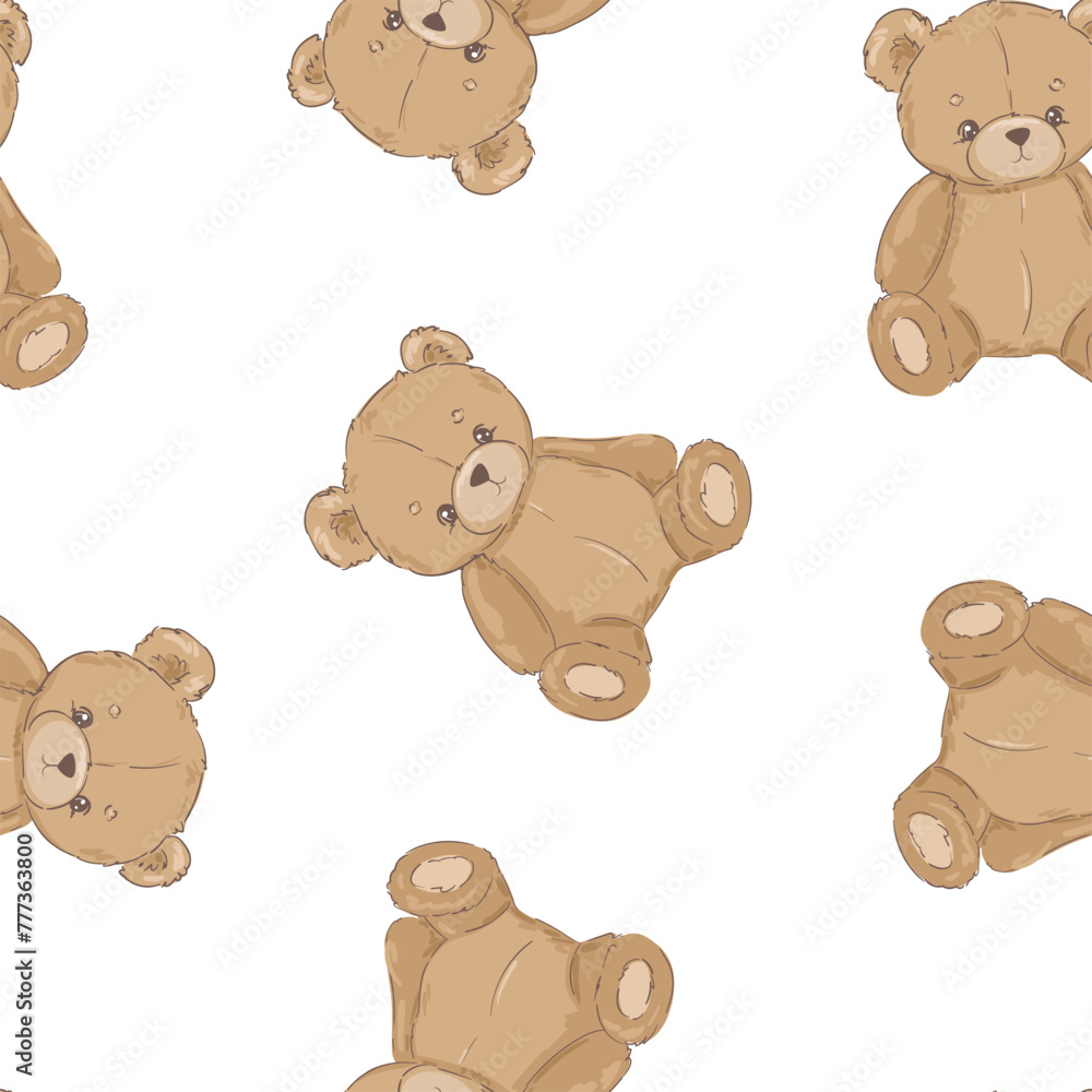 Hand Drawn Cute little Teddy Bears seamless pattern. Vector ...