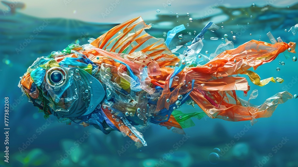 fish swimming in polluted water surrounded by microplastics showing the ...