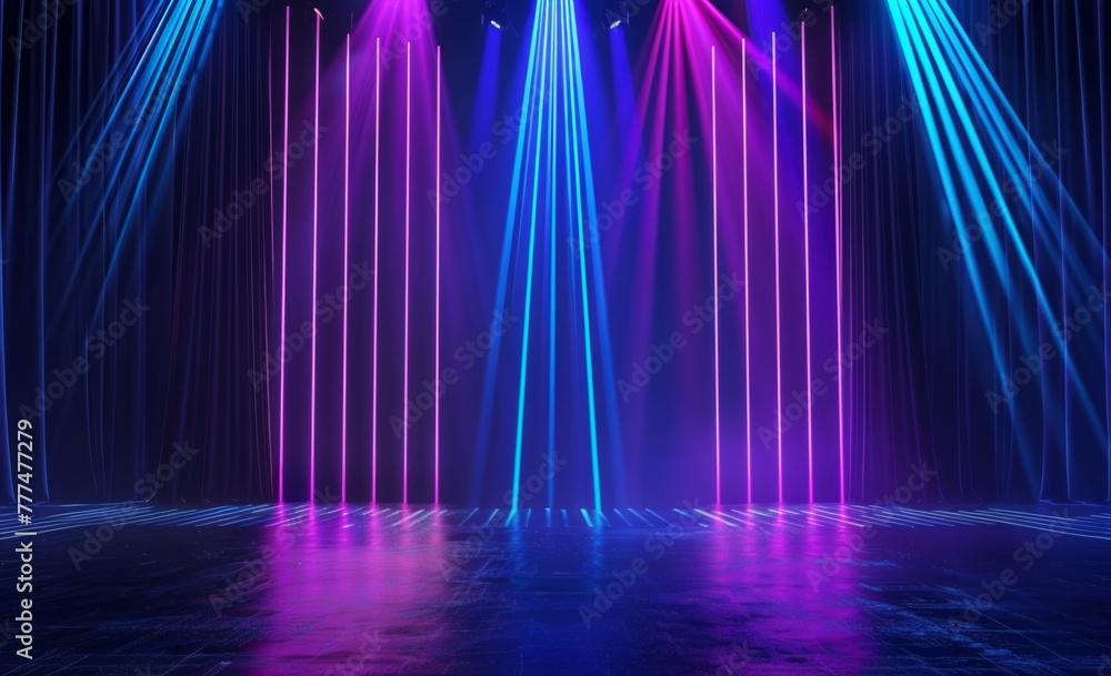 Dark blue background with neon rays, stage backdrop for dance show ...
