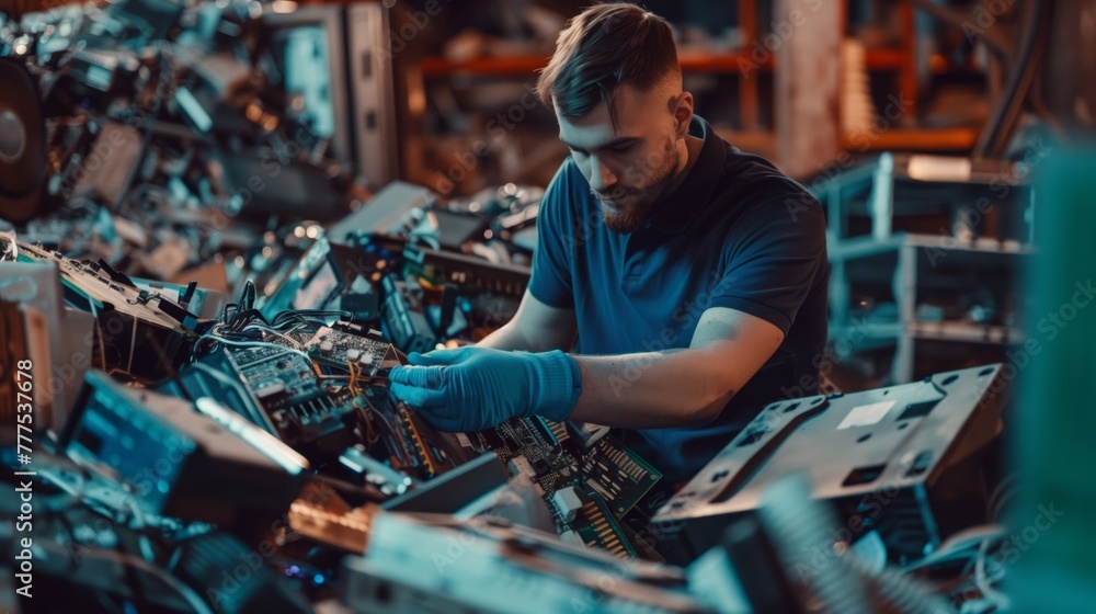 Man working on electronic waste recycling with computer parts around ...