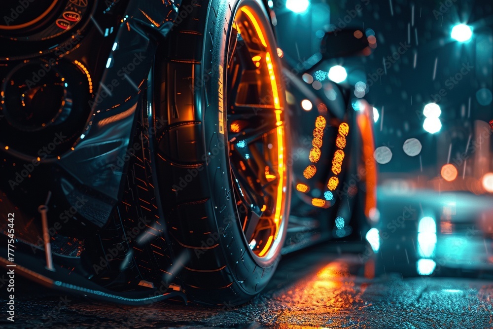 Close-up of a dark, spotted car racing wheel in a high-speed spin ...