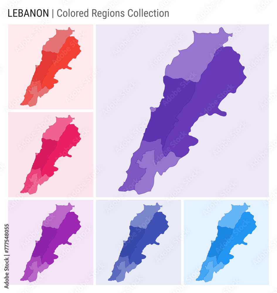 Lebanon map collection. Country shape with colored regions. Deep purple ...
