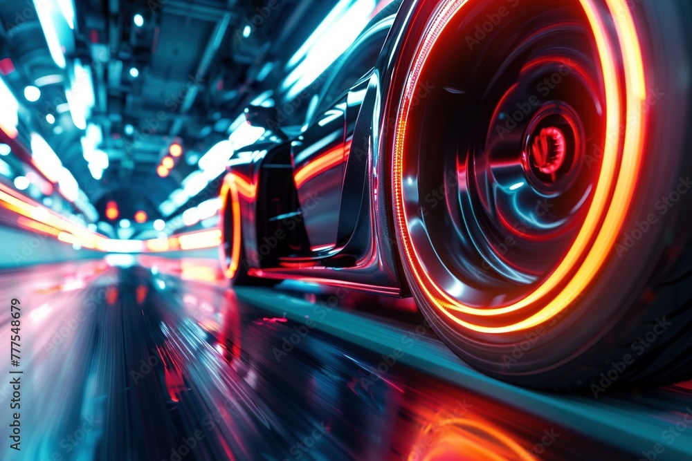 Hyper-detailed close-up of a car racing wheel, its dark surface covered ...