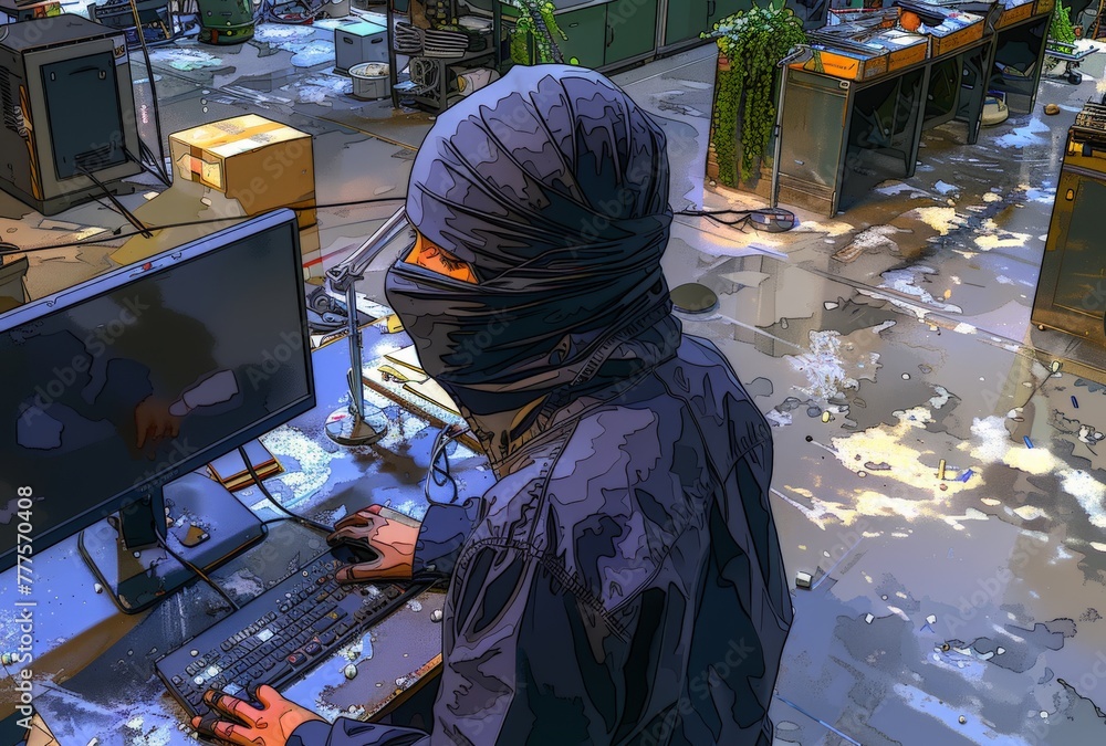 A digital illustration of a computer hacker with obscured face working ...