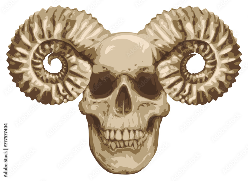 Vector illustration with human skull with horns ram in grunge style ...