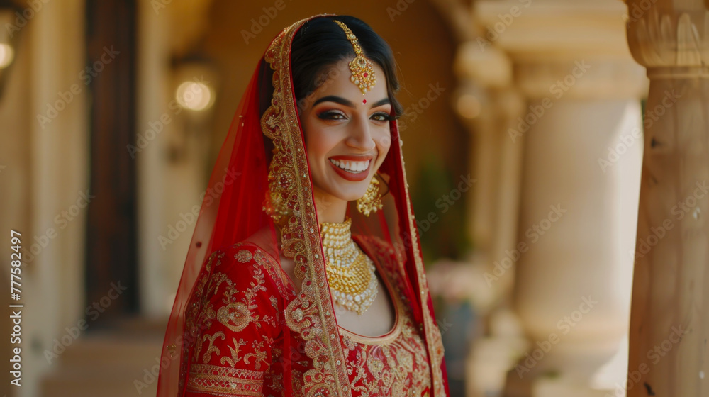 Stunning Indian bride dressed in Hindu red traditional wedding clothes ...