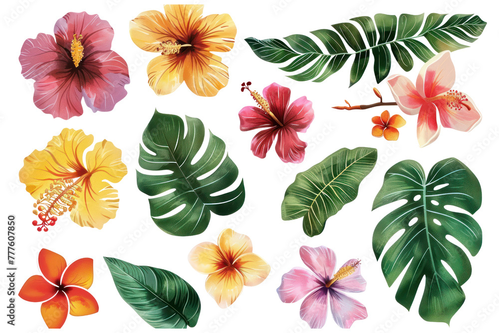 hawaiian leaves and flowers on isolated transparent background Stock ...