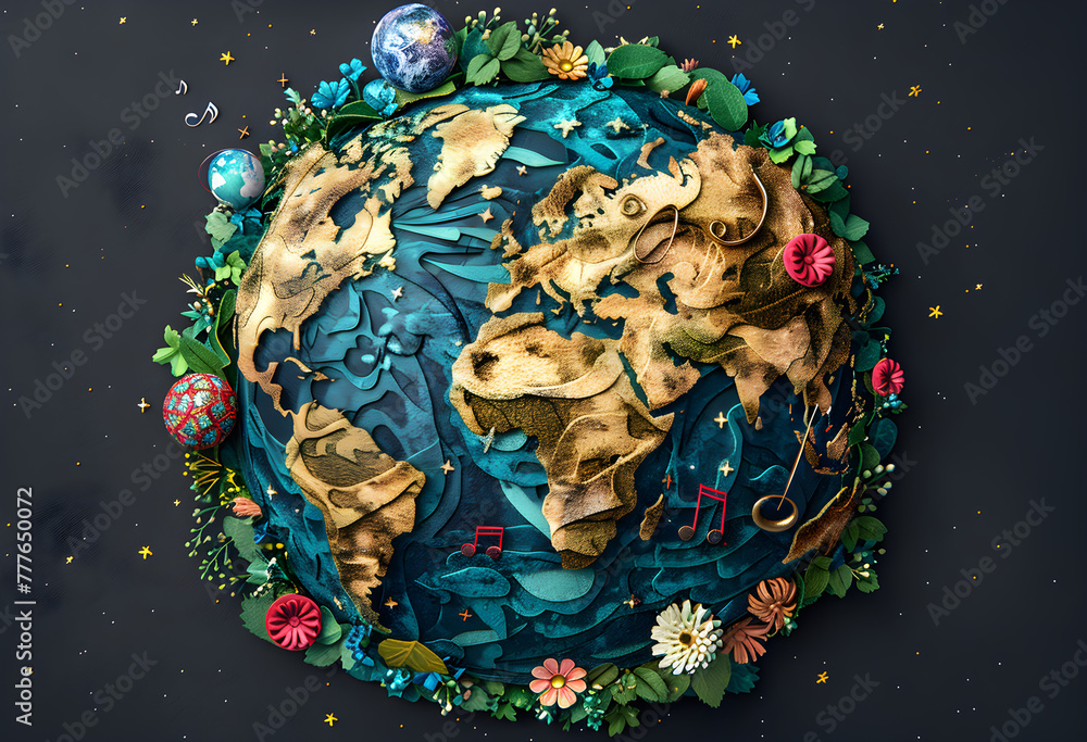 The image depicts a music planet, with planet earth and musical ...